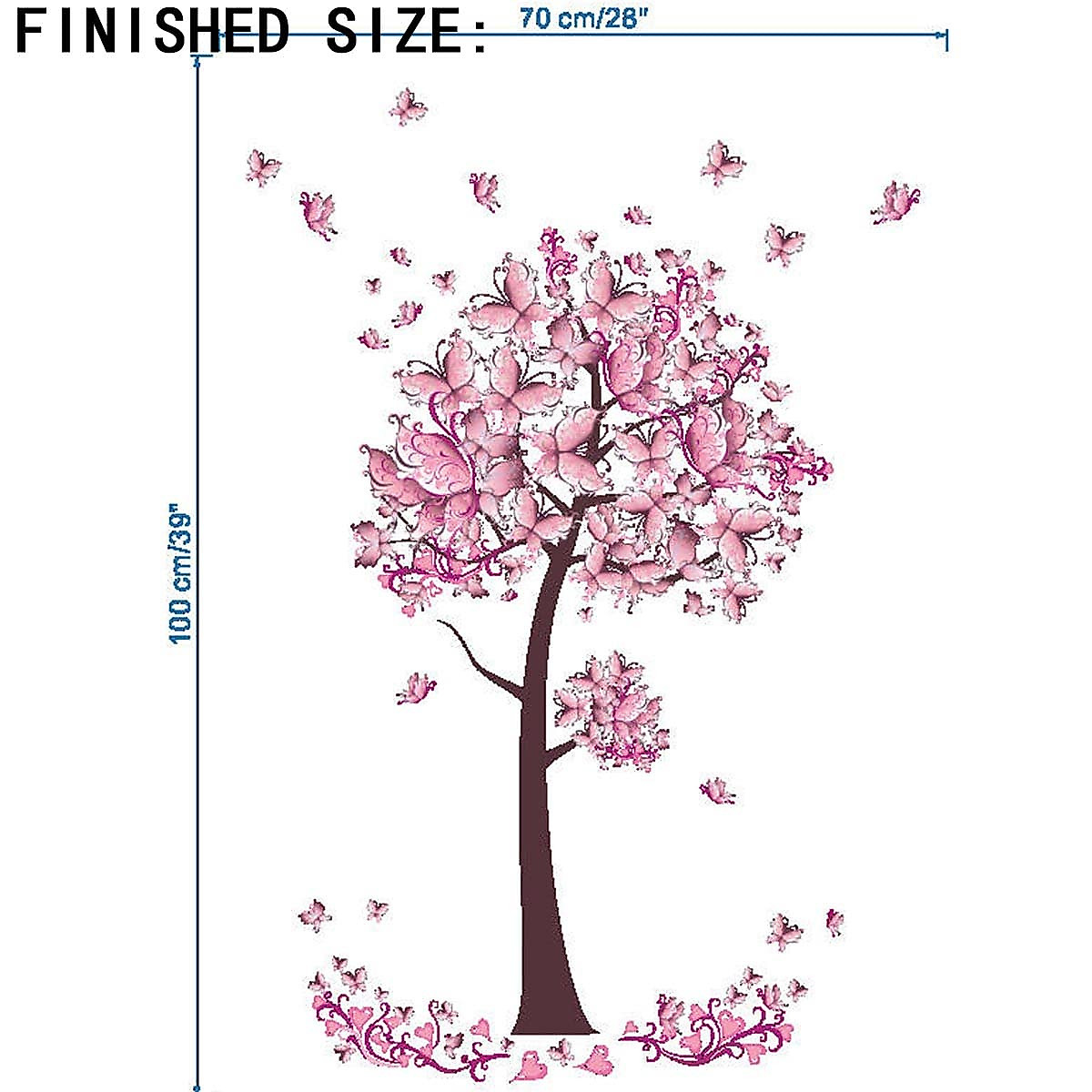 BIBITIME Beautiful Butterfly Tree Wall Decals Living Room Branch Butterflies Hearts Vinyl Sticker for Nursery Bedroom Kids Room Decor Art Mural DIY PVC Decorations