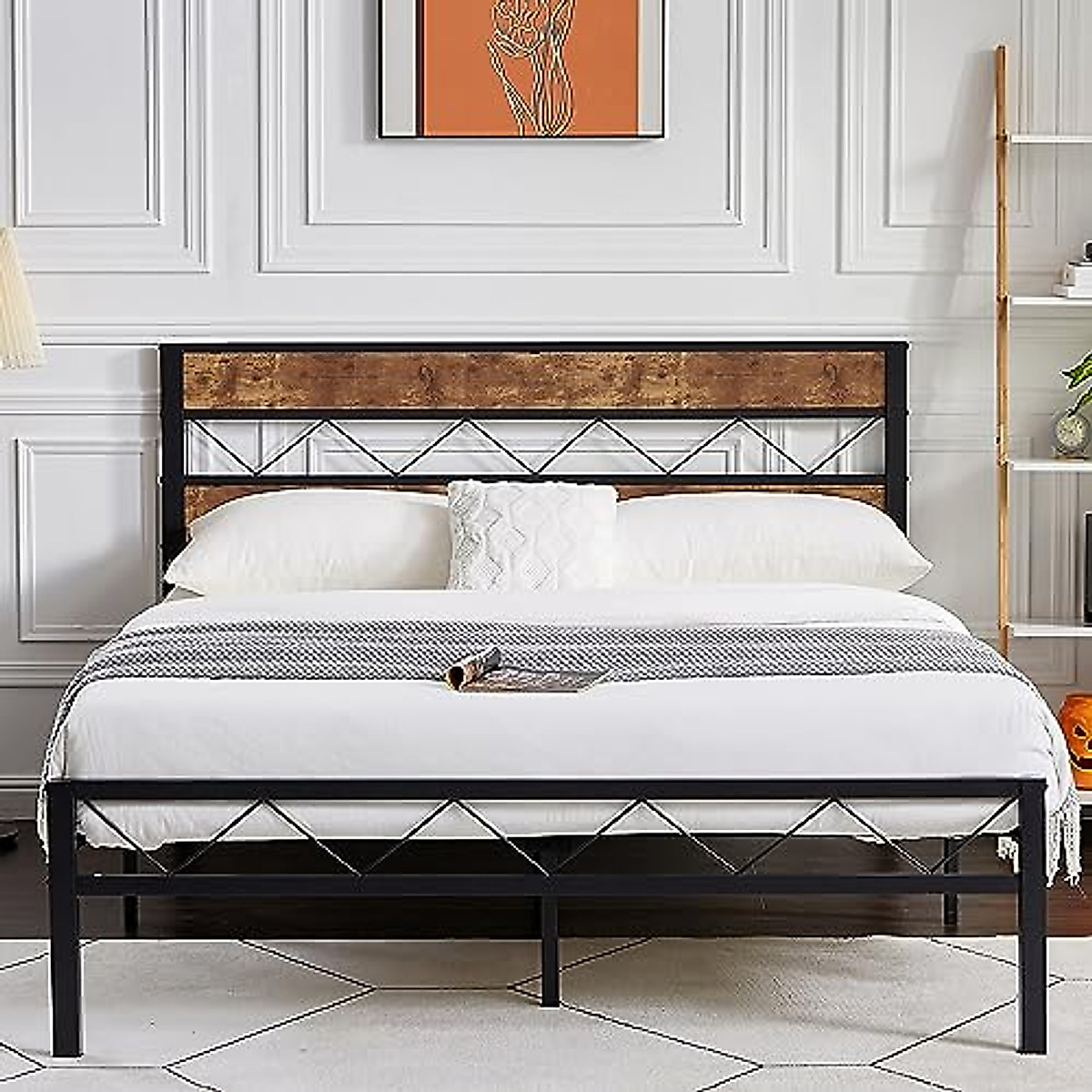 VECELO Queen Size Bed Frame with Wooden Headboard, Heavy Duty 14 Metal Slats Support, No Box Spring Needed, Platform Mattress Base, Under Bed Storage, Noise Free, Easy Assembly