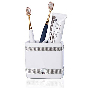 CAA'S Bathroom Accessories Set Ceramic 4 Pieces Bathroom Ensemble for Bath Decor Includes Lotion Dispenser Toothbrush Holder Tumbler Soap Dish (White Inlaid Zircon)