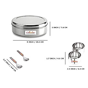 Satre Online and Marketing Stainless Steel Spice Box Without Lid,Stainless Steel Masala Box,Indian Spice Box with 7 Spice Containers and Spoons