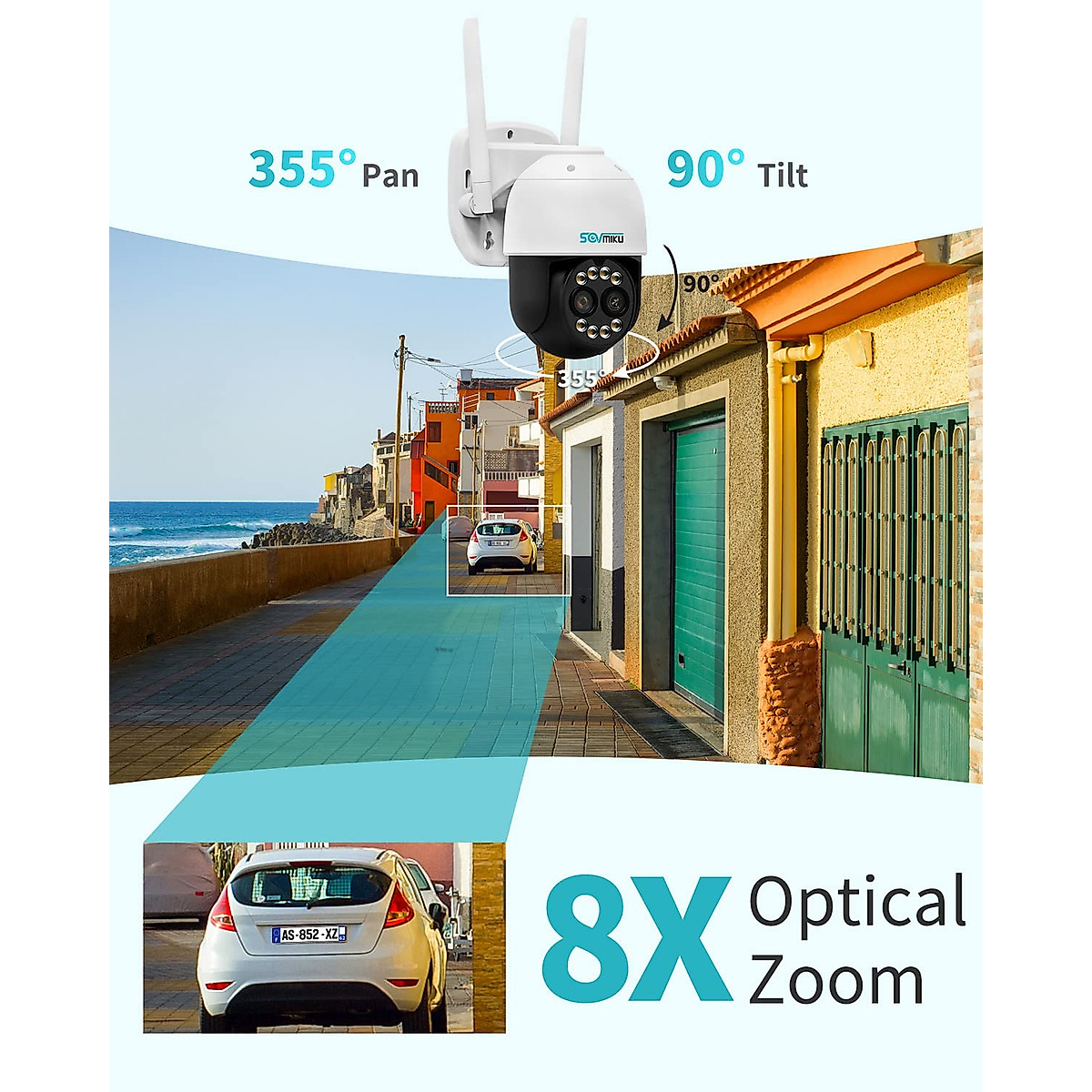 SOVMIKU 4MP 8X Optical/Digital Zoom Wireless Outdoor Security Cameras,Auto Tracking,360° PTZ WiFi Camera,Human Detection,2-Way Audio,24/7 Record,Alexa