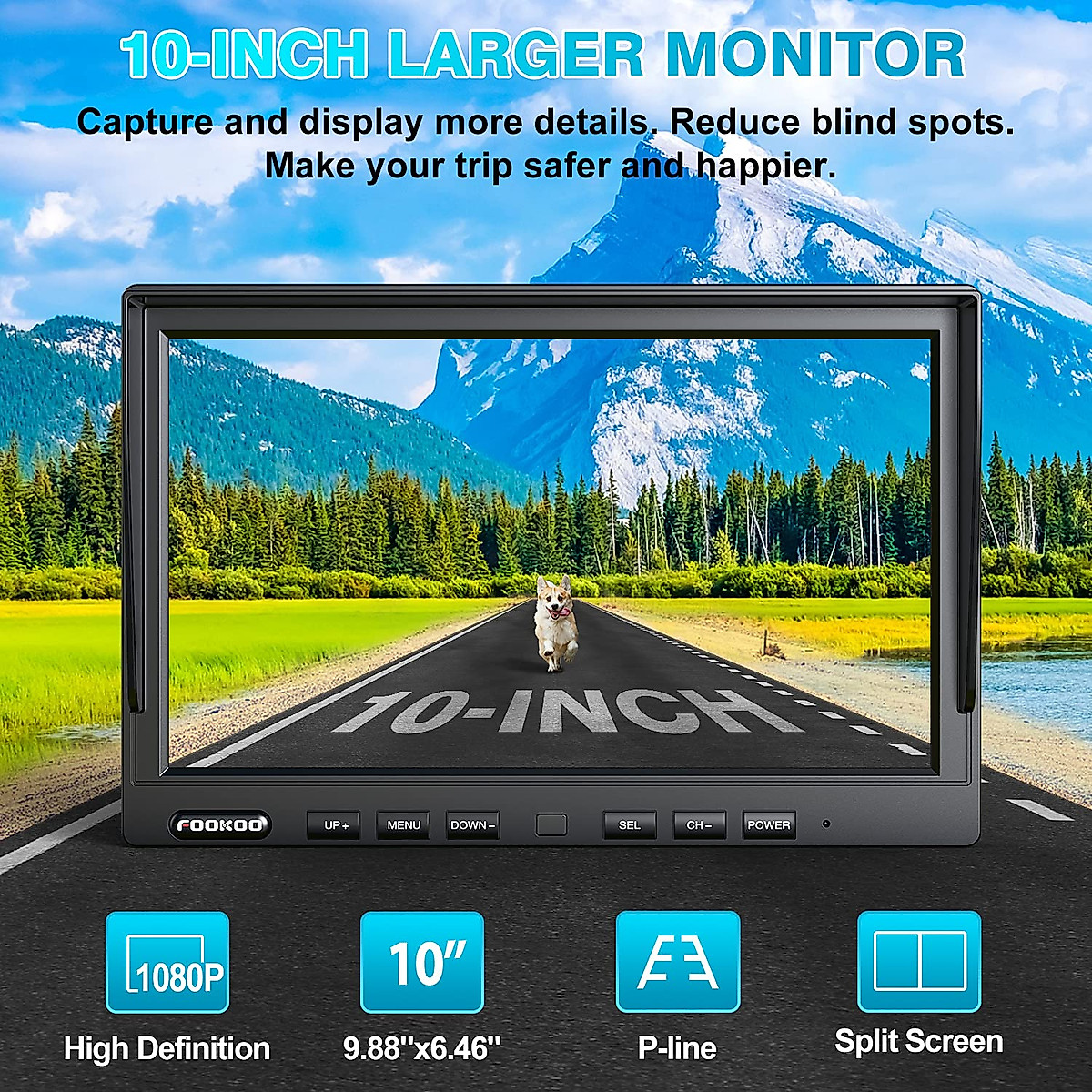 Fookoo HD 10" Wireless Backup Camera System, 1080P 10-inch Quad Split Monitor w/Recording, Waterproof Side & Rear View Cameras, 4 Channel, Digital Signal, Parking Lines for RV/Truck/Trailer (DW104)