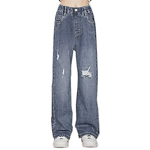 Sitmptol Teen Girl's High Waisted Straight Leg Ripped Jeans Washed Denim Pants with Pockets Wide Leg Blue Ripped 160 11-12 Years