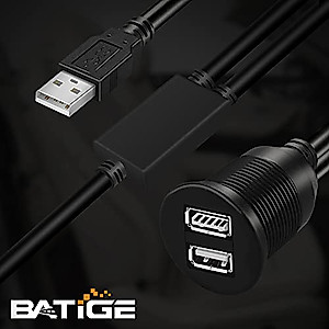 BATIGE Dual USB Female Car Mount Flush Cable 2 Ports for Extension and Data Transmission Can Charge and Transfer Data at The Same Time Car Waterproof USB Cable 3ft