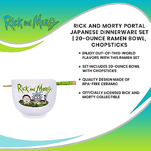 Silver Buffalo Rick and Morty Portal Japanese Ceramic Dinnerware Set | Includes 20-Ounce Ramen Noodle Bowl and Wooden Chopsticks | Asian Food Dish Set For Home & Kitchen