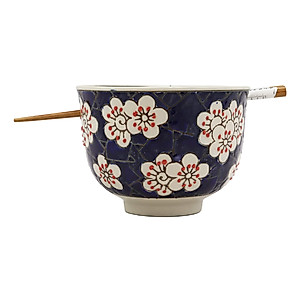 Ebros White Cherry Blossoms Sakura Mosaic Style Blue Ramen Udong Noodles 5" Diameter Bowl With Built In Chopsticks Rest and Bamboo Chopstick Set for Dining Soup Rice Meal Bowls Decor Kitchen