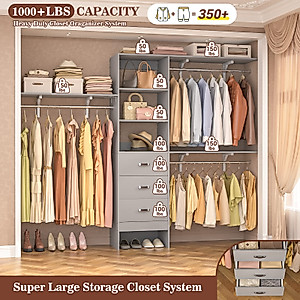 iSunirm 8FT Closet System, 96'' Closet Organizer System with 3 Hanging Rods, Wall Mount Bedroom Wardrobe with 3 Drawers Walk-in Closet, Adjustable Cloth Garment Rack from 5 to 8FT (Cut to Fit), Grey