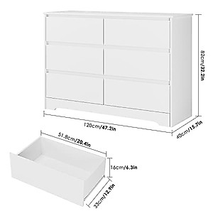 FOTOSOK 6 Drawer Double Dresser, White Dresser for Bedroom, Modern 6 Chest of Drawers with Deep Drawers, Wide Storage Organizer Cabinet for Living Room Home