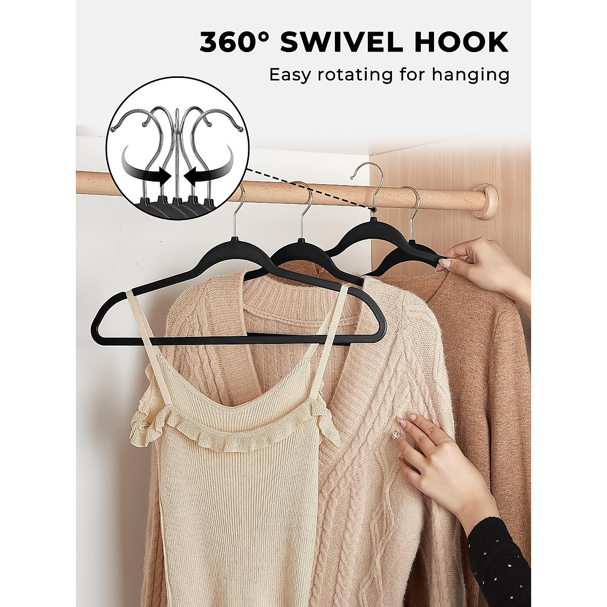 SMARTOR Plastic Hangers 50 Pack, Heavy Duty Plastic Hangers for Clothes - Non-Velvet Slim Hangers with 360° Swivel Hook & Clothes Thin Hangers - Durable Coat Hangers, Space Saving Hangers - Black