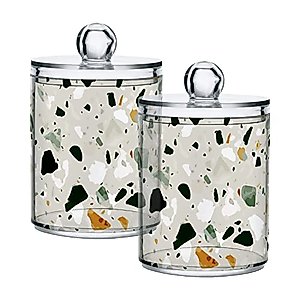 WELLDAY Apothecary Jars Bathroom Storage Organizer with Lid - 14 oz Qtip Holder Storage Canister, Warm Color Terrazzo Clear Plastic Jar for Cotton Swab, Cotton Ball, Floss Picks, Makeup Sponges,Hair C
