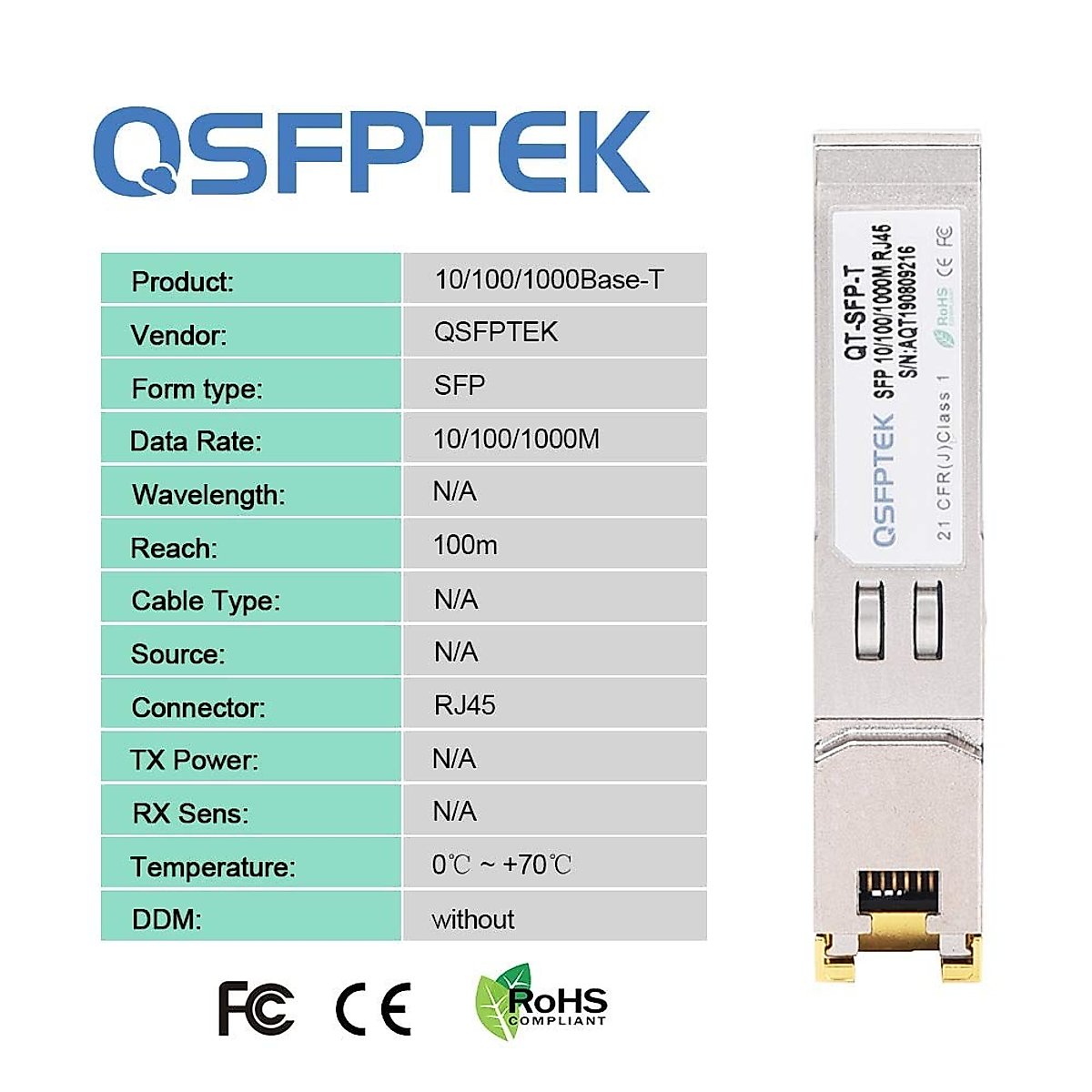 QSFPTEK 1.25G SFP-T Gigabit SFP Copper Ethernet Module, SFP to RJ45, 10/100/1000BASE-T Mini gbic Transceiver for Cisco GLC-T/SFP-GE-T/GLC-TA, Mikrotik SRJ01, Netgear, Supermicro, up to 100m