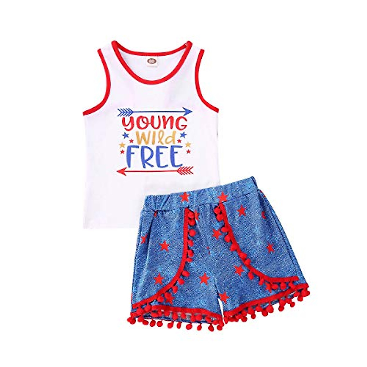 2pcs Baby Girl Holidat Summer Outfit Set,Young Wild Free Vest Tops+ Tassels Short Pants (White Blue, 2-3Y)