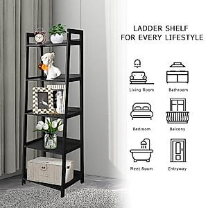 Babion 5-Tier Ladder Open Bookshelf - Pine Wood Freestanding Display Shelf Plant Stand, 51.6" High Floor-Standing Bookcase, Black