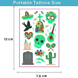 Day of the Dead Luminous Halloween Temporary Tattoo for Kids Adults, 125PCS Waterproof Fake Face Tattoos, Body Stickers Decorations Glow in the Dark, Makeup Party Favors Supplies Decor Boys Girls