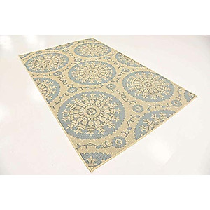 Unique Loom Outdoor Botanical Collection Area Rug - Medallion (5' 3" x 8' Rectangle, Aqua/ Beige)