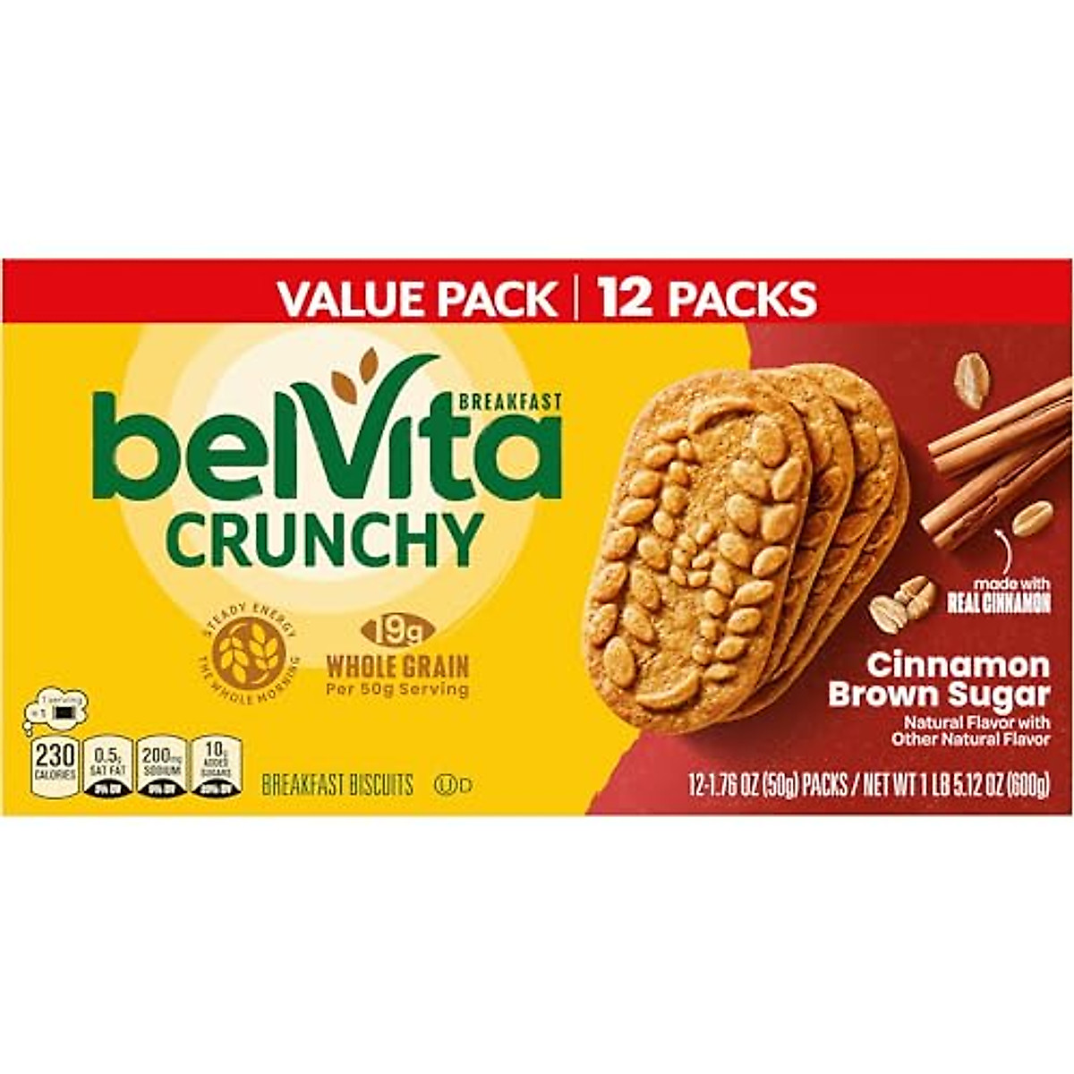 belVita Cinnamon Brown Sugar Breakfast Biscuits, Value Pack, 12 Packs (4 Biscuits Per Pack)
