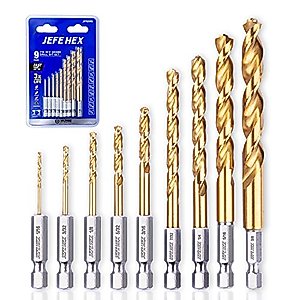 JEFE HEX 9-Piece Drill Bits Set,Hex Shank for Quick Change, Titanium HSS Twist Drill Bit Set, 135 Degree Easy Cut Split Point