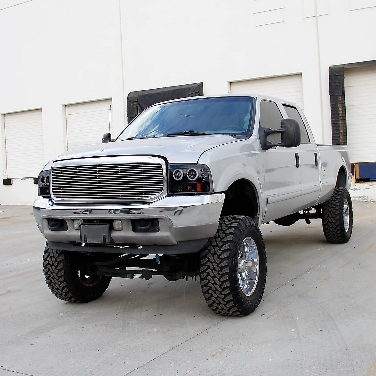 SPEC-D TUNING Halo Rim LED Glossy Black Housing Smoke Lens Projector Headlights Compatible with 1999-2004 Ford F-250/F-350/F-450/F-550 Super Duty, Left + Right Pair Headlamps Assembly