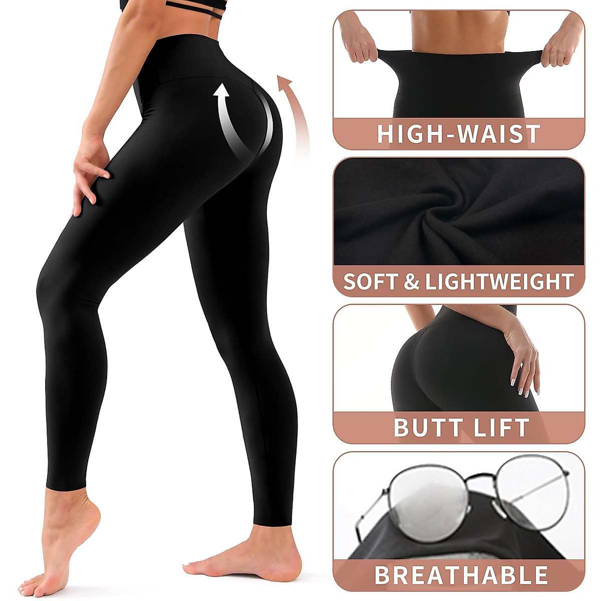 Hmuuo 3 Pack Leggings for Women High Waisted Tummy Control No See-Through Yoga Pants Workout Running Leggings