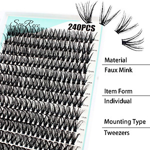 Individual Lashes 14-18mm 240pcs Cluster Lashes D Curl Natural Look Mixed Tray DIY Eyelash Extension Volume Lash Clusters Eyelashes Long 0.07 Individual Lash Extensions (40D-0.07D-14-18mm)