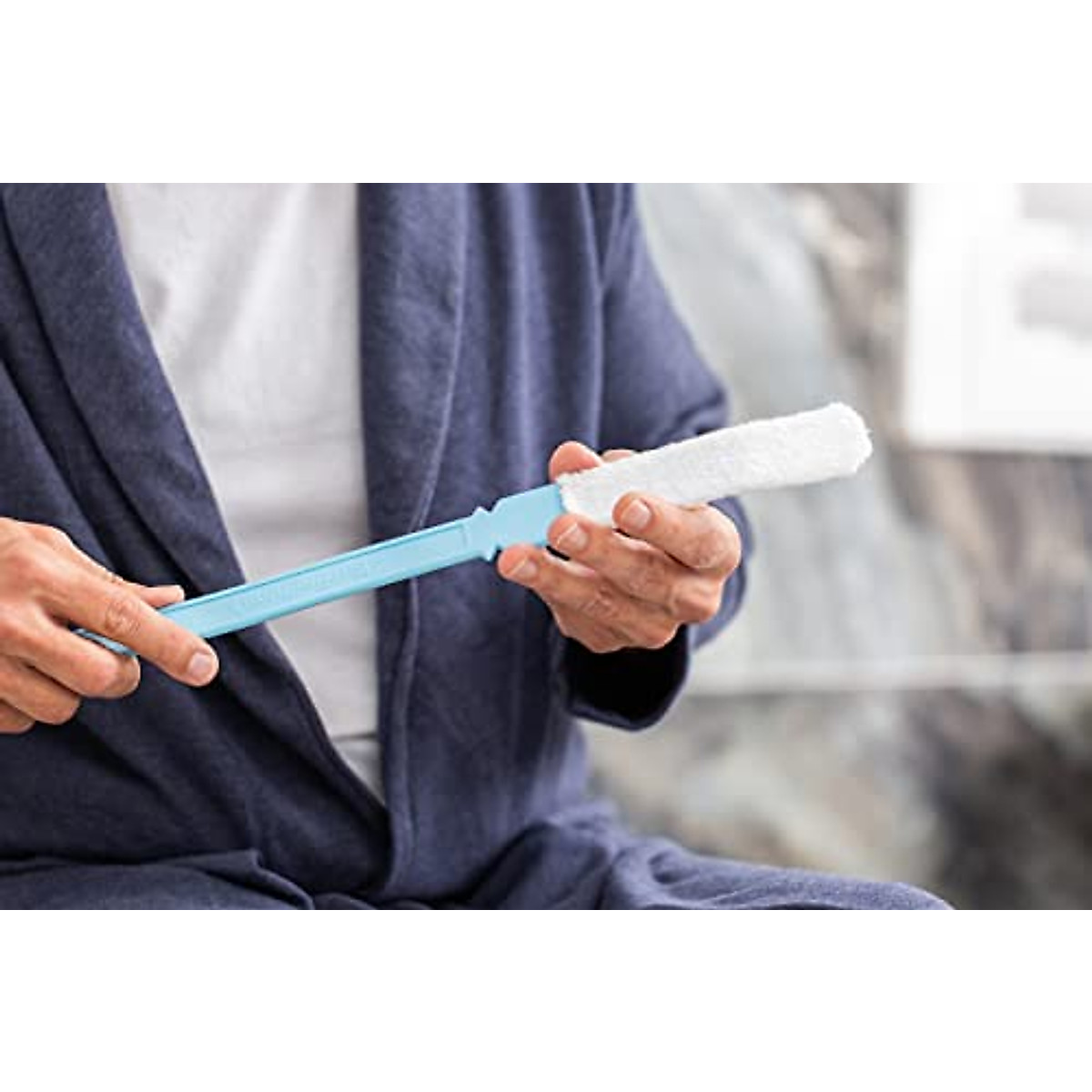 Burlingham's Toe and Foot Towel Brush with Reusable Drying Covers for Cleaning Between Toes, Soft Skin Exfoliation, Long 17” Handle for Seniors, Adults, or Kids, Washable Cloth