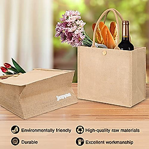 Jazpyne Burlap Tote Bags 4 Pack Jute Tote Bags with Handles and Button (13.7'' x 12.1'' x 7.6'') Reusable Shopping Bags Blank Gift Bags for Party Beach Trip Bridesmaid Wedding DIY