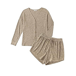 Ekouaer Lounge Sets for Women Leisure Suit Set Two-Piece Casual Loungewear Set Button Long Sleeve Knit Button Cardigan and Shorts Soft Home Pajamas Set Khaki Small