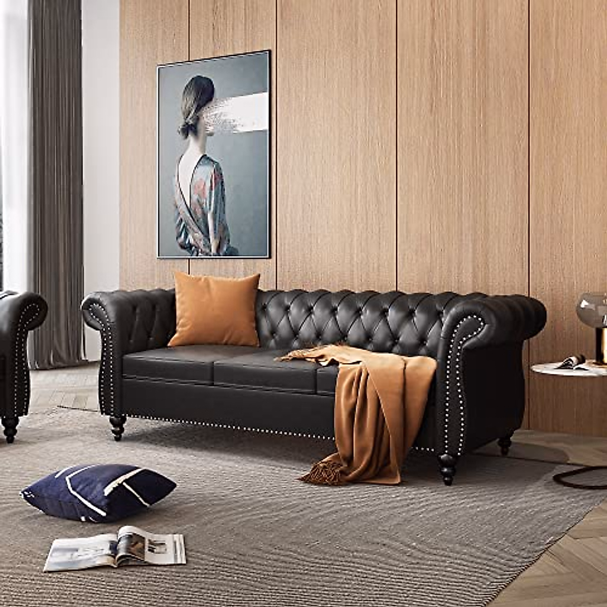 AVZEAR Leather Sofa 3 Seater Couch, Large Sofa Furniture Roll Arm Classic Tufted Chesterfield Settee Leather Sofa with Channel Tufted Seat Back for Living Room, Black PU