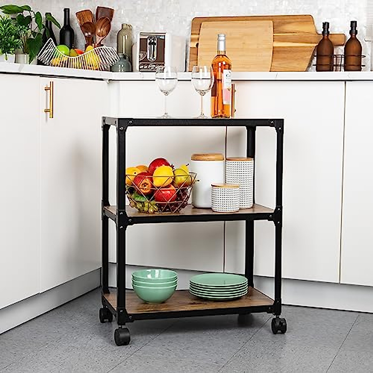 MIND READER Rolling Bar Cart [3 Tier] Kitchen Microwave Cart Island On Wheels, Coffee Station (Wood/Metal, Black/Brown)