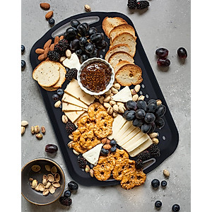 Large Nonslip Serving Tray with Handles, Silicone Grippy Dots Food Trays for Eating, Dishwasher Safe Lap Trays for Breakfast Dinner Snack Fruit Appetizers Beverage, Rectangular, Set of 2, Black