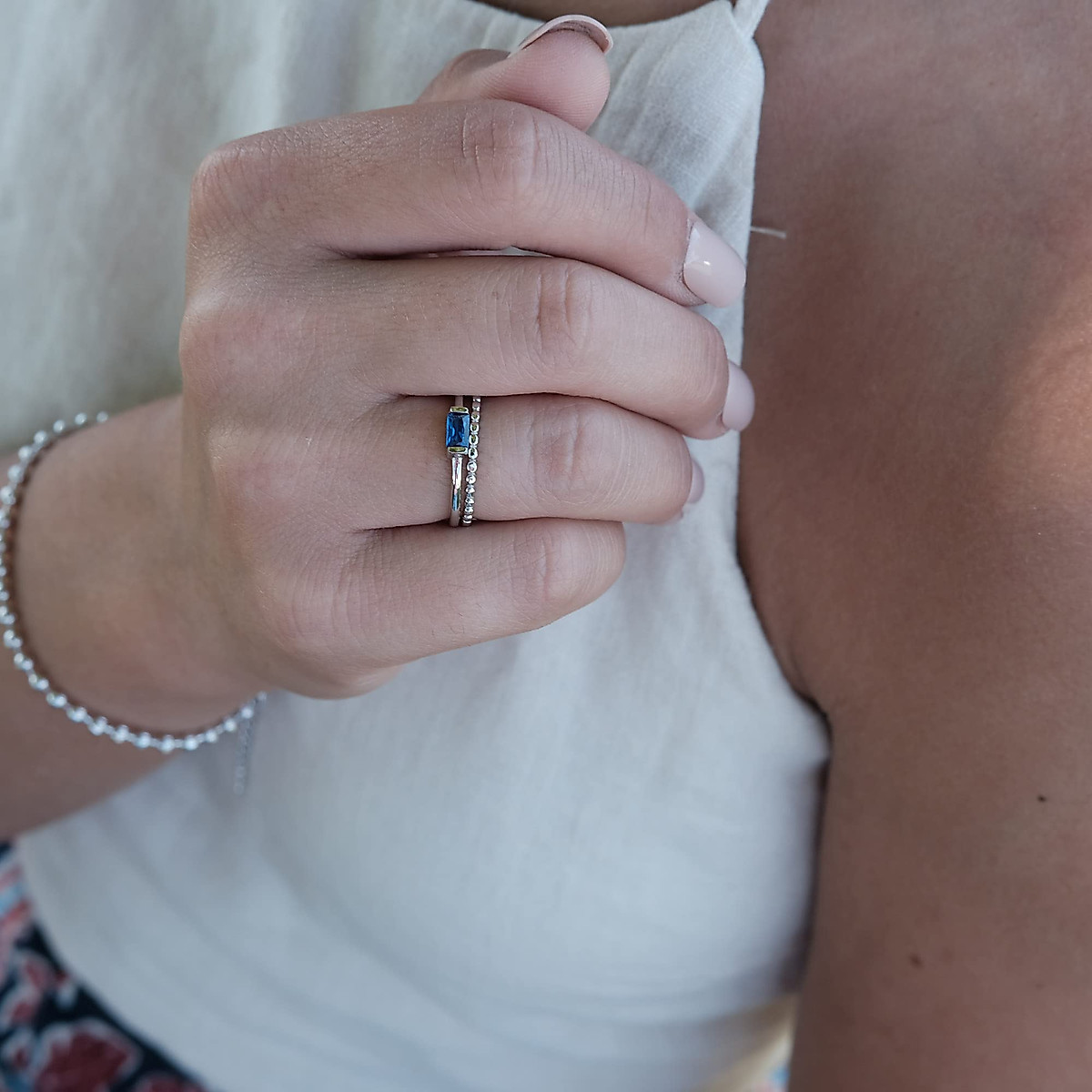 BLOSSOM & HUE CZ Stacking Ring [ .925 Sterling Silver ] - Size 8 - Dainty Vintage Stackable Baguette Blue CZ Band