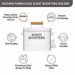 Calindiana Modern Farmhouse Metal Laundry Scent Booster Beads Dispenser Container with Scoop for Laundry Room Decor and Accessories and Space Saving Laundry Room Organization and Storage, White