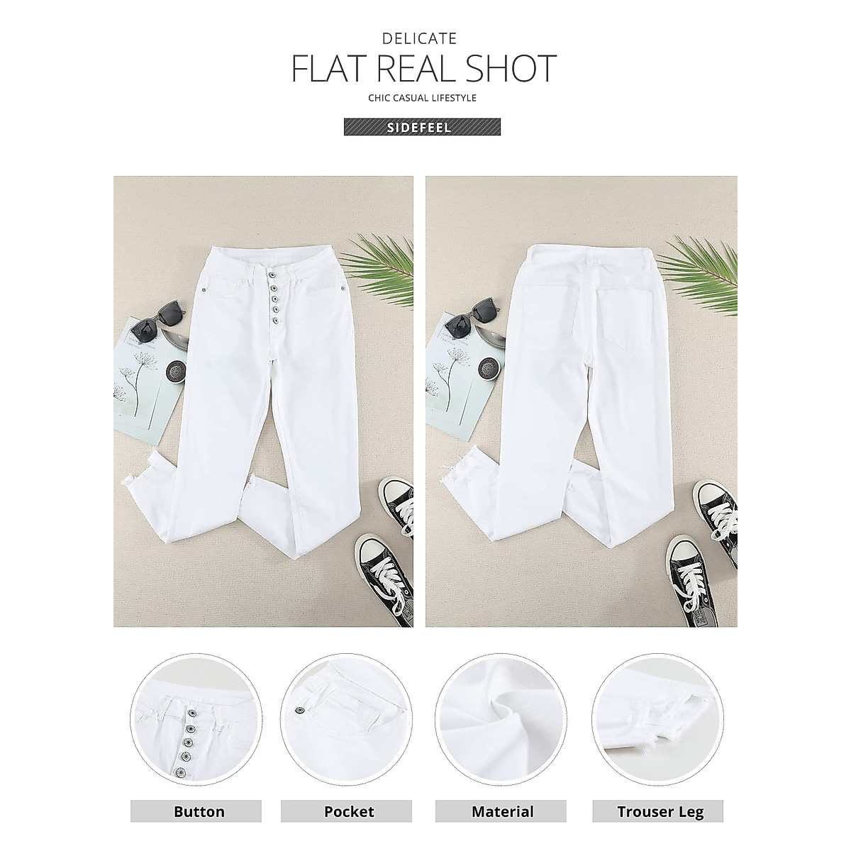 Sidefeel Womens High Waist Skinny Jeans Button Fly Raw Hem Elegant Denim Pants US14 White