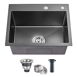 ROVOGO 20x16x9 in. Top Mount Single Bowl Kitchen Sink with 2 Hole, 304 Stainless Steel Handmade Drop-in Bar Prep Small Sink, Black