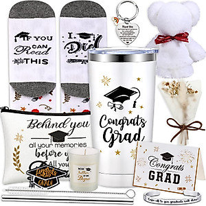 Gerrii 10 Pcs 2024 Graduation Gift Set Congrats Gift Box Include Steel Tumbler Towel Candle Socks Keychain and Flower for Girl Women Girlfriend Sister College School Birthday Gifts