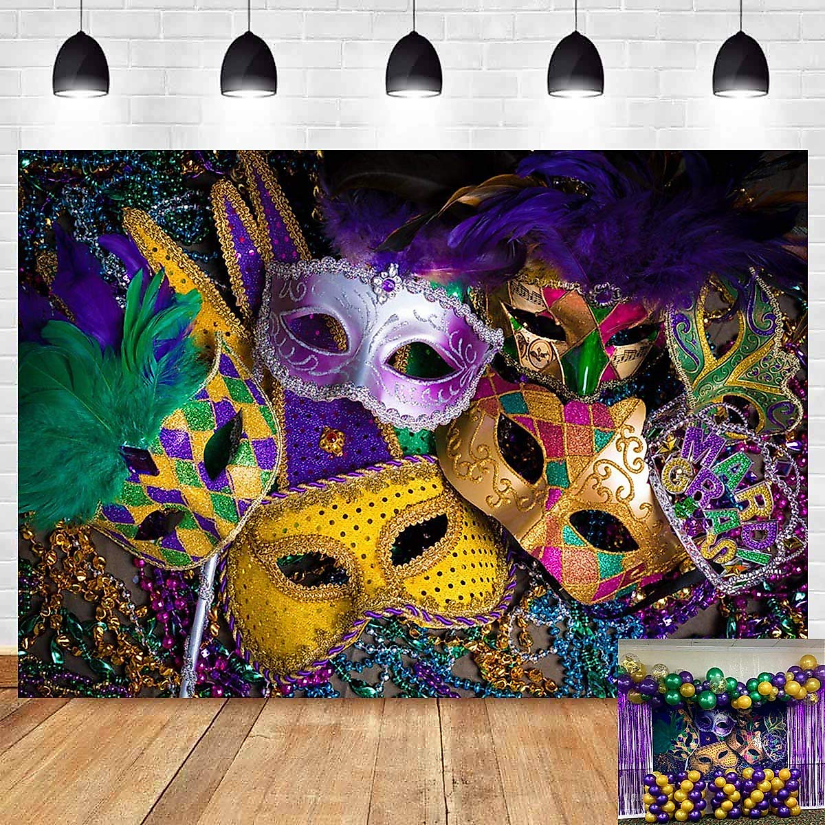Masquerade Backdrops Purple Gold Glitter Beads Mask Carnival Photography Backdrop Vinyl 5x3ft Fiesta Mardi Gras Dance Photo Background Birthday Party Photo Booths Props Decorations Supplies