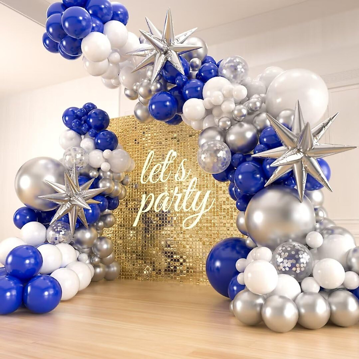 141pcs latex balloons with 3pcs Foil Balloons for Birthday Graduation Disco 2024 Prom Party Decorations… (Royal Blue Silver White)