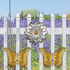 JOYBee 3Pcs Metal Flower With Butterfly Wall Decor - Wall Art Decorations Flower With 2Pcs Butterfly Spring Yard Garden Decor Hanging for Bedroom, Living Room, Bathroom,Office