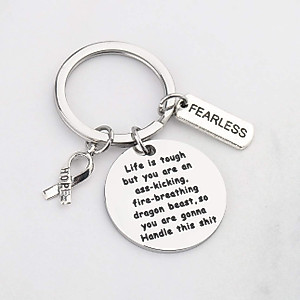 BEKECH Cancer Fighter Gift Awareness Ribbon Charm Cancer Survivor Keychain Life Is Tough But You Are Gonna Handle This Shit Keychain Survivor Recovery Jewelry Cancer Awareness Gifts (Silver)