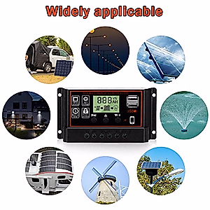 Lybile Solar Charge Controller, Black Charge Controllers for Solar Panels with Dual USB Port 12V/24V PWM Auto Paremeter Multi-Function Adjustable LCD Display Energy Controller (30A)