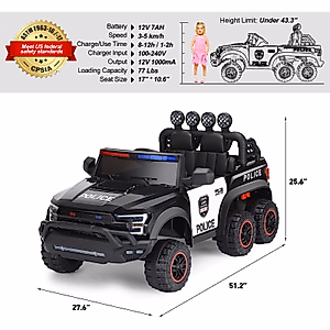 JOYLDIAS Kids Ride On Police Car, 12V Battery Powered Electric Cars W/2.4G Remote Control, 6 Wheels, Real Tailgate, Spring Suspension, LED Flashing Lights, Megaphone Siren Music & Horn Intercom