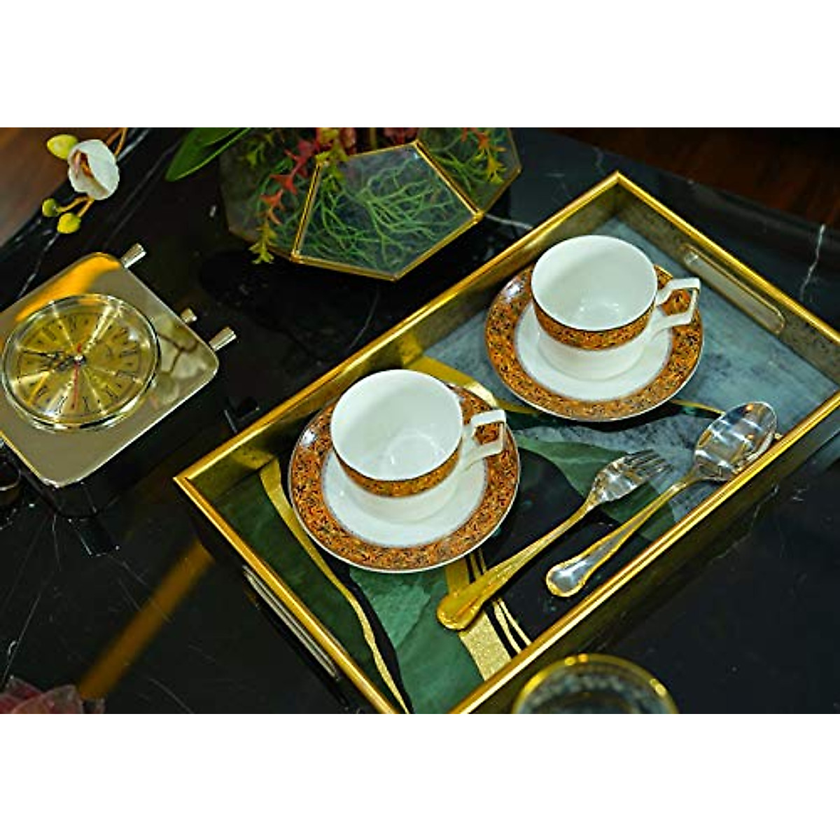 Serving Tray –Coffee Table Tray –Elegant Decorative Tray –PS and Printed Glass Table Tray –Practical and Sturdy Design–Easy to Clean and Washable–Ideal for Coffee,Breakfast,Dessert