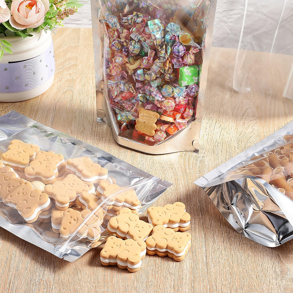 200 Pcs Resealable Bags Food Storage Sealable Bags for Packaging Clear Window Polyester Film pouch with Aluminum Foil Back Stand up Reusable Pouch for Small Business Party Favor(6.30 x 9.45 Inch)