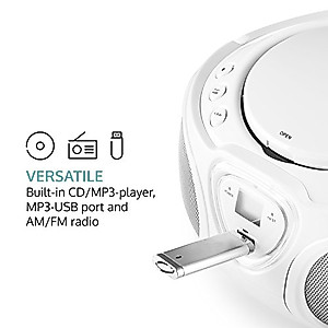 AUNA Roadie KIDS Boombox, Top loading CD Player, Bluetooth Connectivity for Smartphones, Easy AUX, USB, Radio and MP3 Connectivity, Portable, Plug in or Battery Powered, LED Display