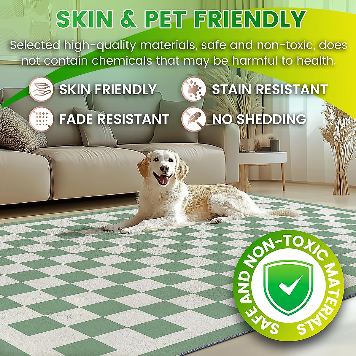 Washable 5x7 Checkered Area Rug for Living Room, Sage Green Checkerboard Modern Boho Large Rugs, Ultra Thin Low Pile Lightweight Indoor Carpet with Non-slip Backing for Bedroom Classroom Playroom Kids