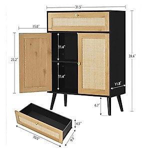 Quimoo Tall Storage Cabinet, Rattan Cabinet with Adjustable Shelf & Large Drawer, Boho Storage Cabinet, Accent Cabinet for Entryway, Living Room, Black