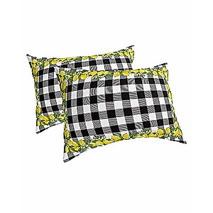 Edwiinsa Summer Lemon Pillow Covers Standard Size Set of 2 20x26 Bed Pillow, Yellow Fruit Spring Floral Black Plaid Plush Soft Comfort for Hair/Skin Cooling Pillowcases with Envelop Closure