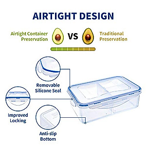 KIGI [2 Pack] 38.9oz Rectangular Plastic Bento Box with 3 Compartments Airtight Food Storage Containers BPA-Free for Kitchen and Office