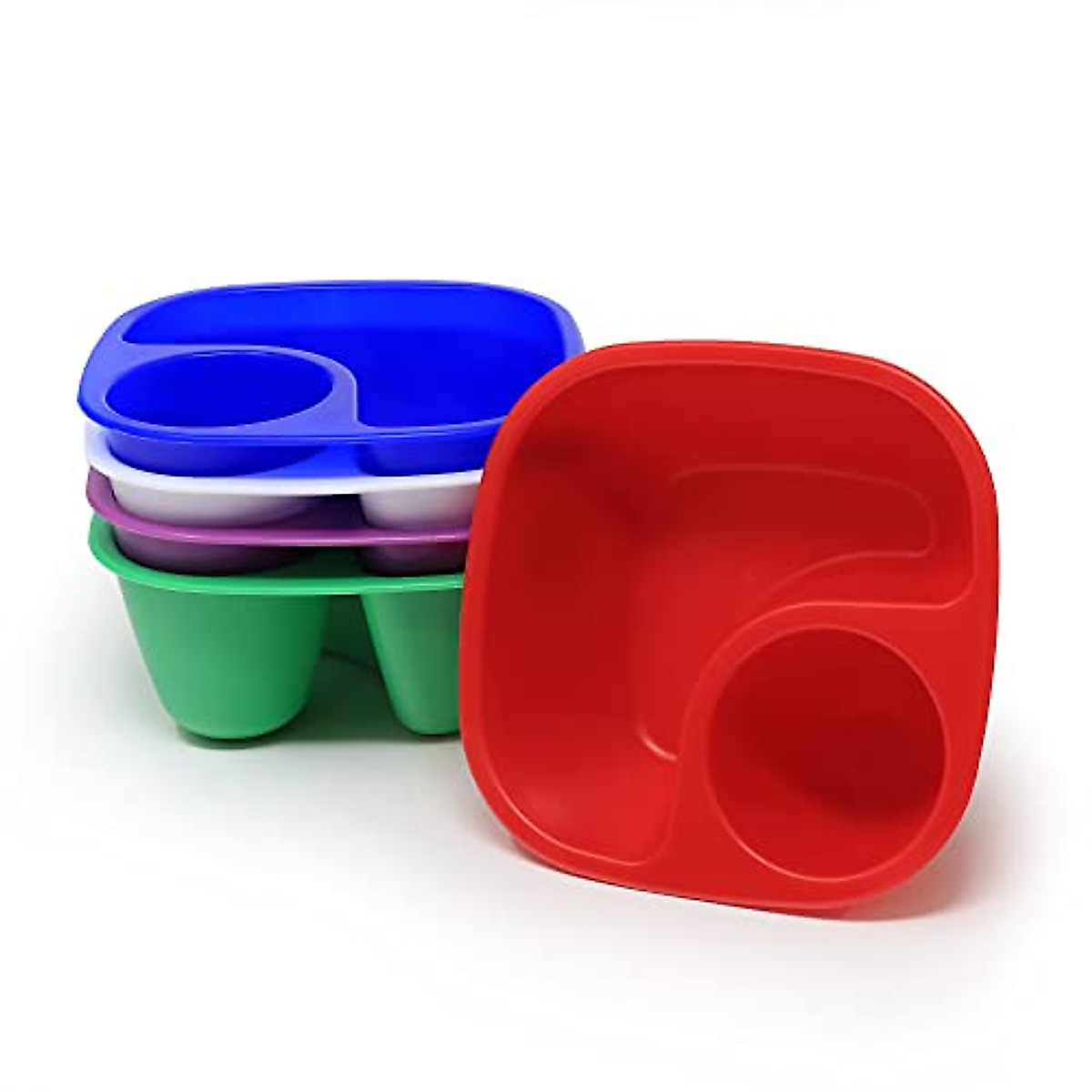 Rolling Sands Reusable Snack and Dip Bowls, 5 Pack, USA Made, Dishwasher and Microwave Safe Personal Size Plastic Divider Bowls, BPA-Free, Two Compartments to Hold Dips, Snacks and Treats