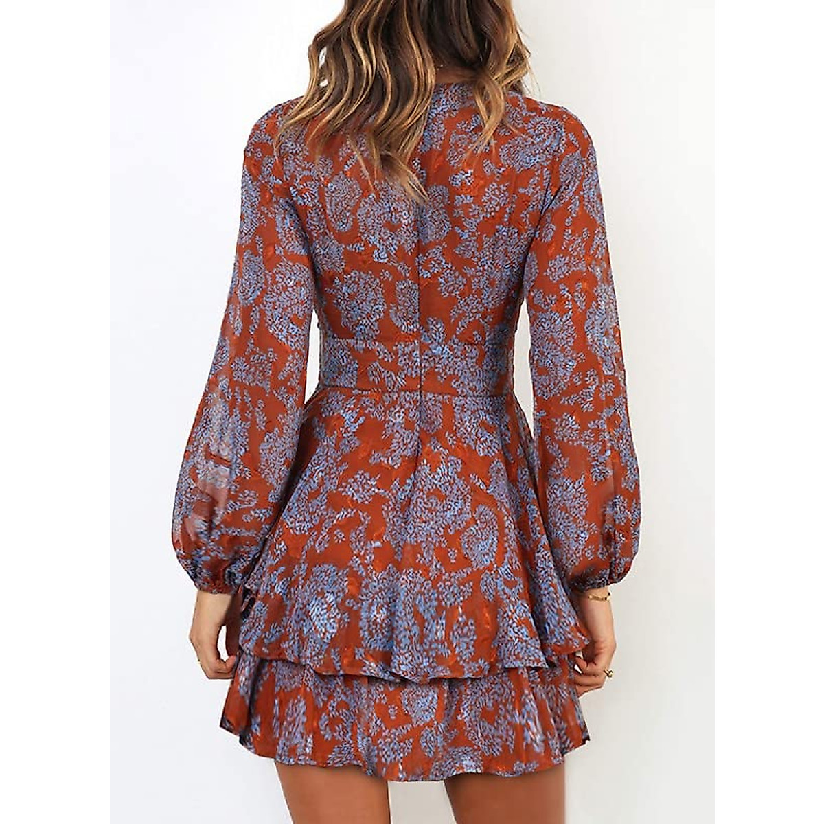 Dokotoo Womens Ladies Casual Summer Birthday Spring Ruffle Elegant Floral Long Sleeve Tie Knot V Neck Cute Chiffon Boho Beach Tunic Swing A Line Mini Short Skater Dresses for Women 2024 Red Large